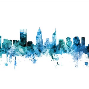 Perth Skyline Australia, Cityscape Art Poster Print Blue Red Green ...