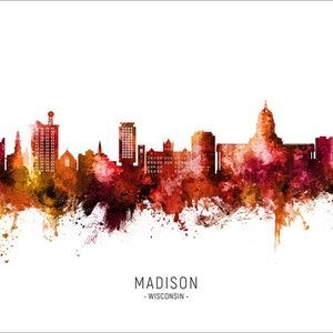Madison Skyline Wisconsin Cityscape Art Poster Print Blue Red - Etsy