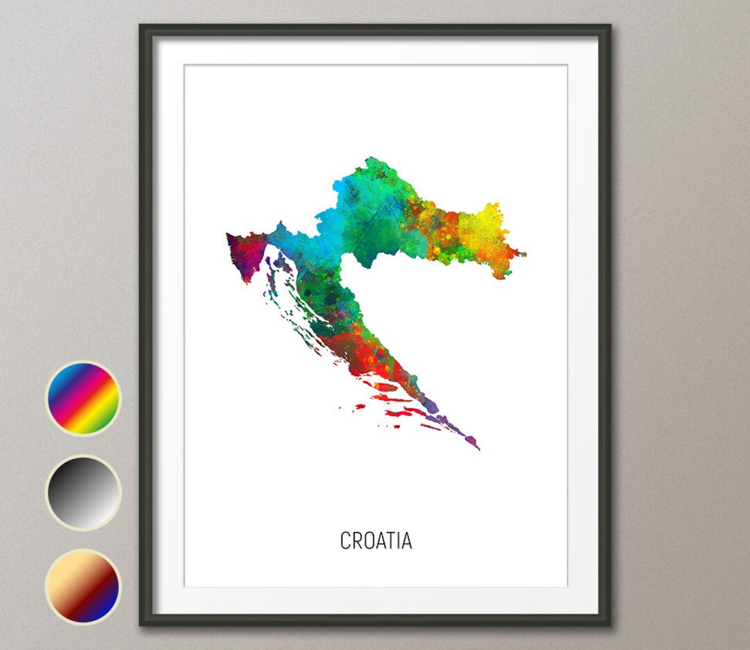 Croatia Map, Watercolour Art Print Poster, Colour, Black White, Beige ...
