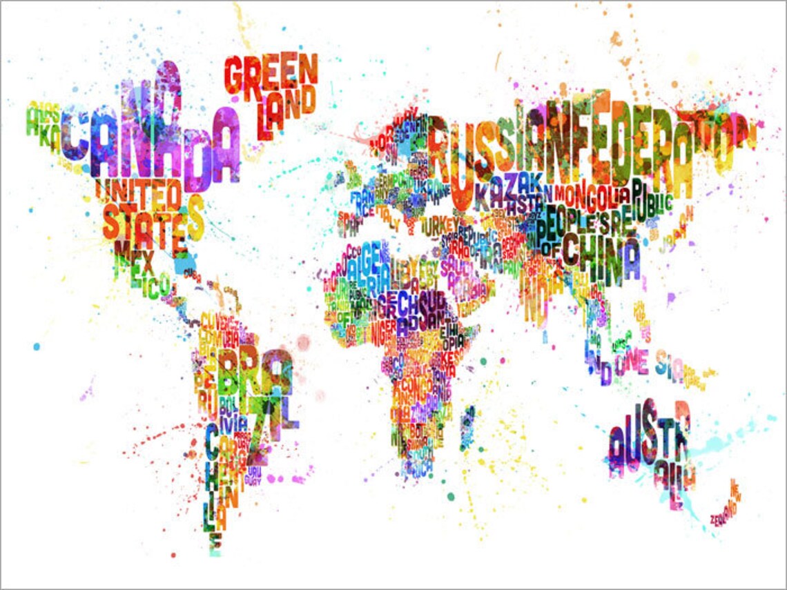 Typography Map of the World Map Paint Splashes Art Print - Etsy UK