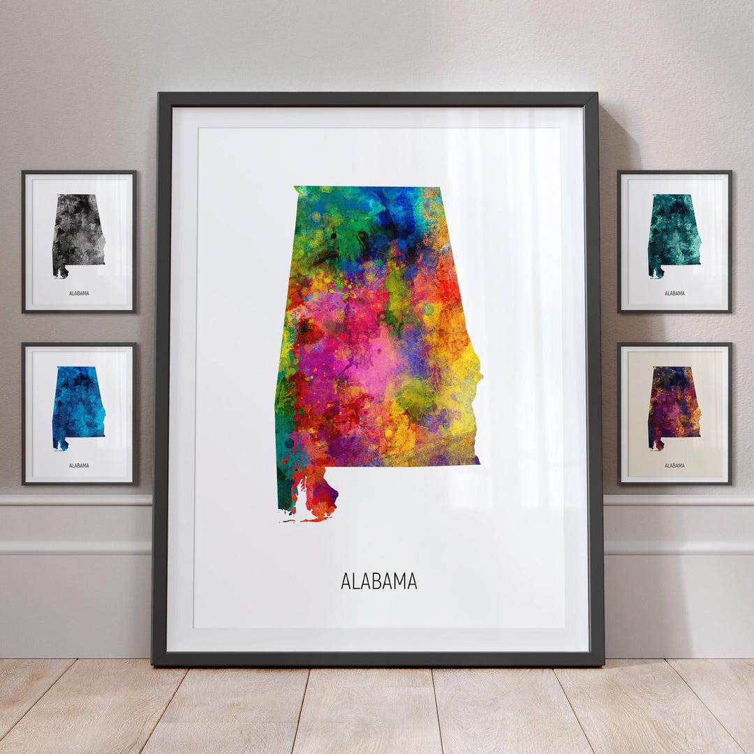 Alabama Map, US State Watercolour Painting Art Print Poster, Portrait ...