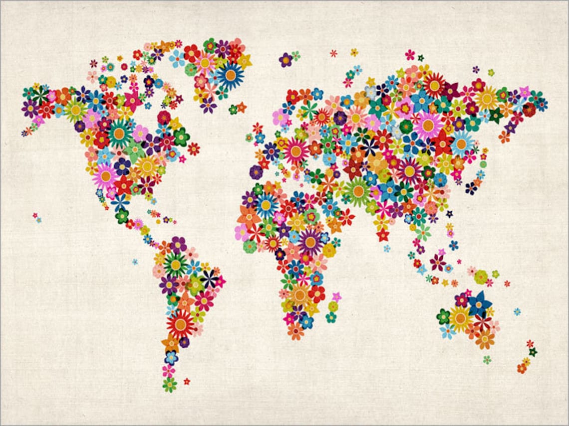 Flowers Map of the World Map Art Print 171 - Etsy