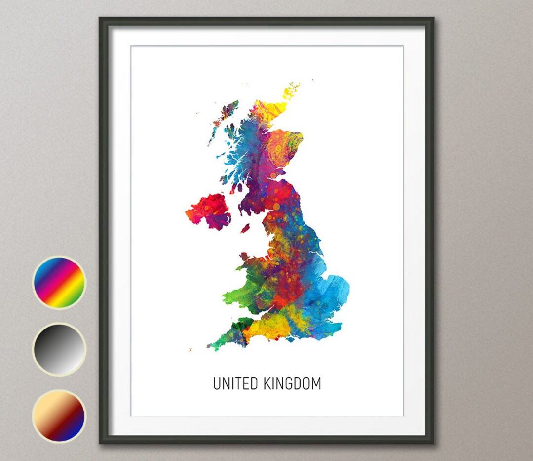 United Kingdom Map, Watercolour Art Print Poster, Colour, Black White ...