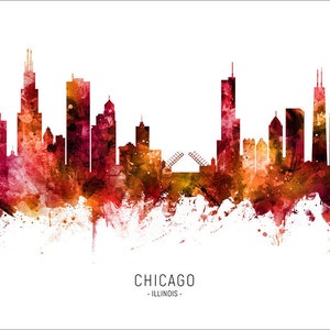 Chicago Skyline Illinois, Cityscape Art Poster Print Blue Red Green ...