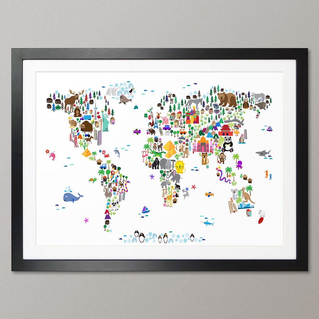 Animal Map of the World for Children and Kids, World Map, Art Print ...