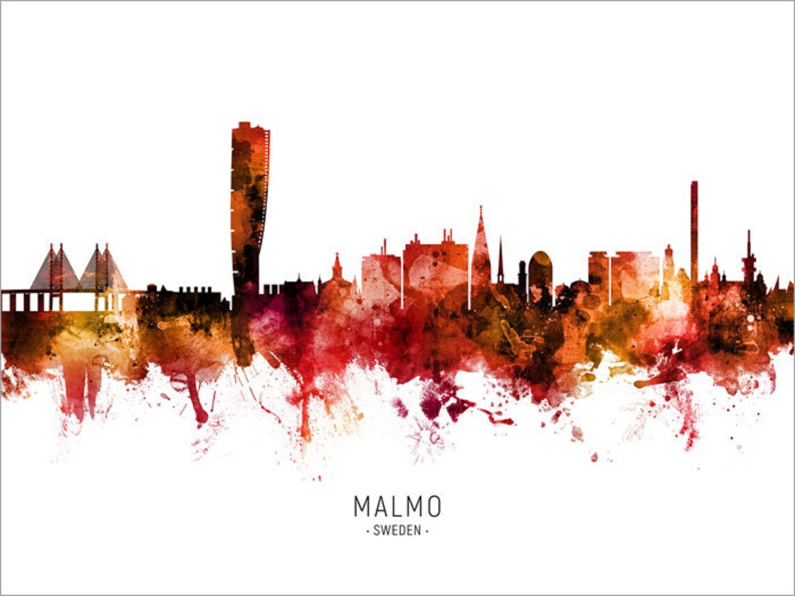 Malmo Skyline Sweden Cityscape Art Poster Print Blue Red - Etsy