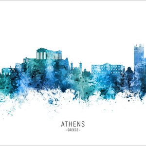 Athens Skyline Greece Cityscape Art Poster Print Blue Red - Etsy
