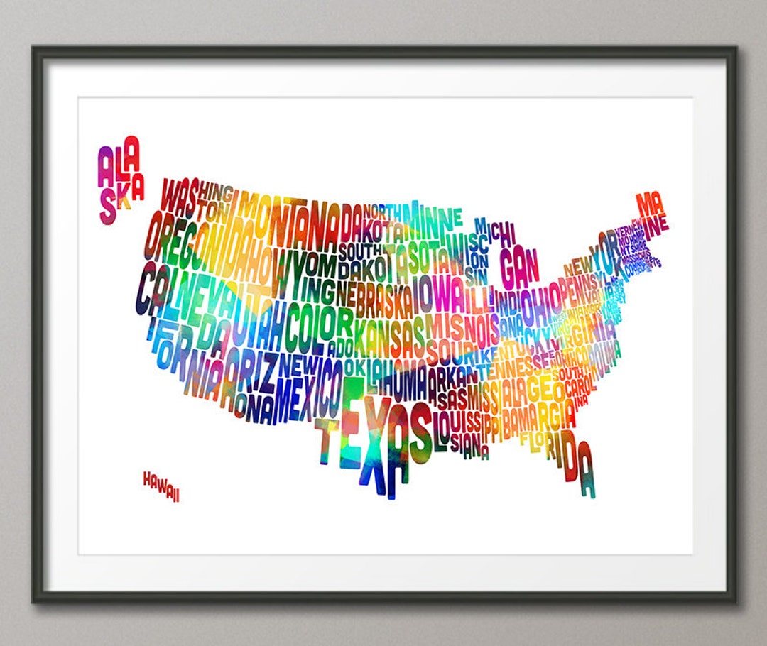 United States Typography Text Map, Art Print (1044) - Etsy