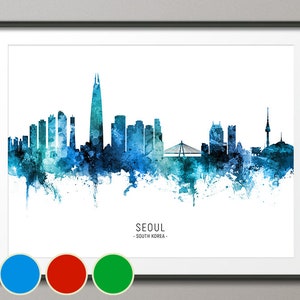Seoul Skyline South Korea, Cityscape Art Poster Print Blue Red Green ...