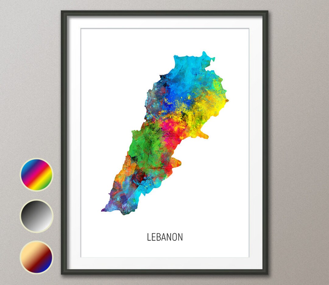 Lebanon Map, Watercolour Art Print Poster, Colour, Black White, Beige ...