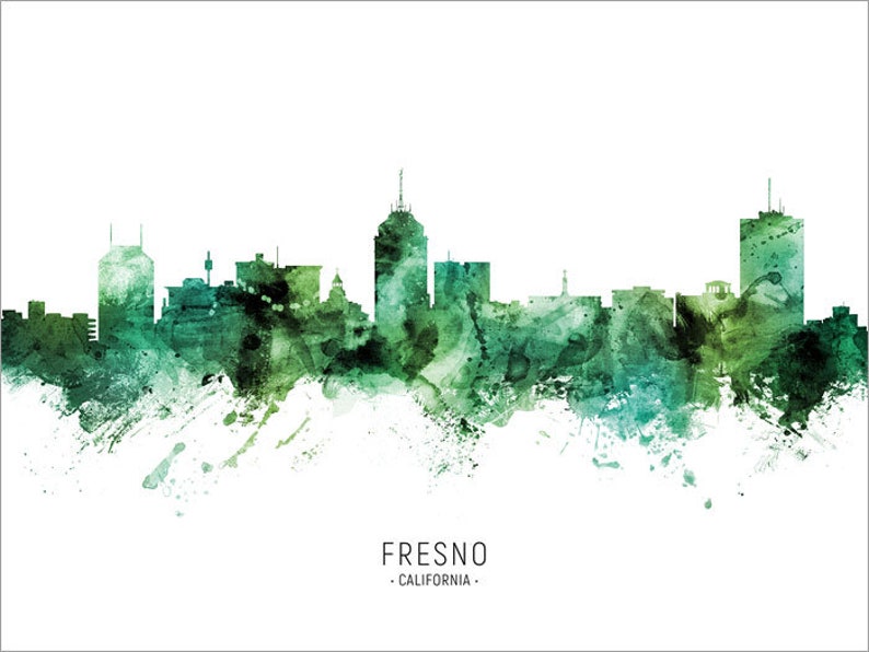 Fresno Skyline California Cityscape Art Poster Print Blue Red | Etsy