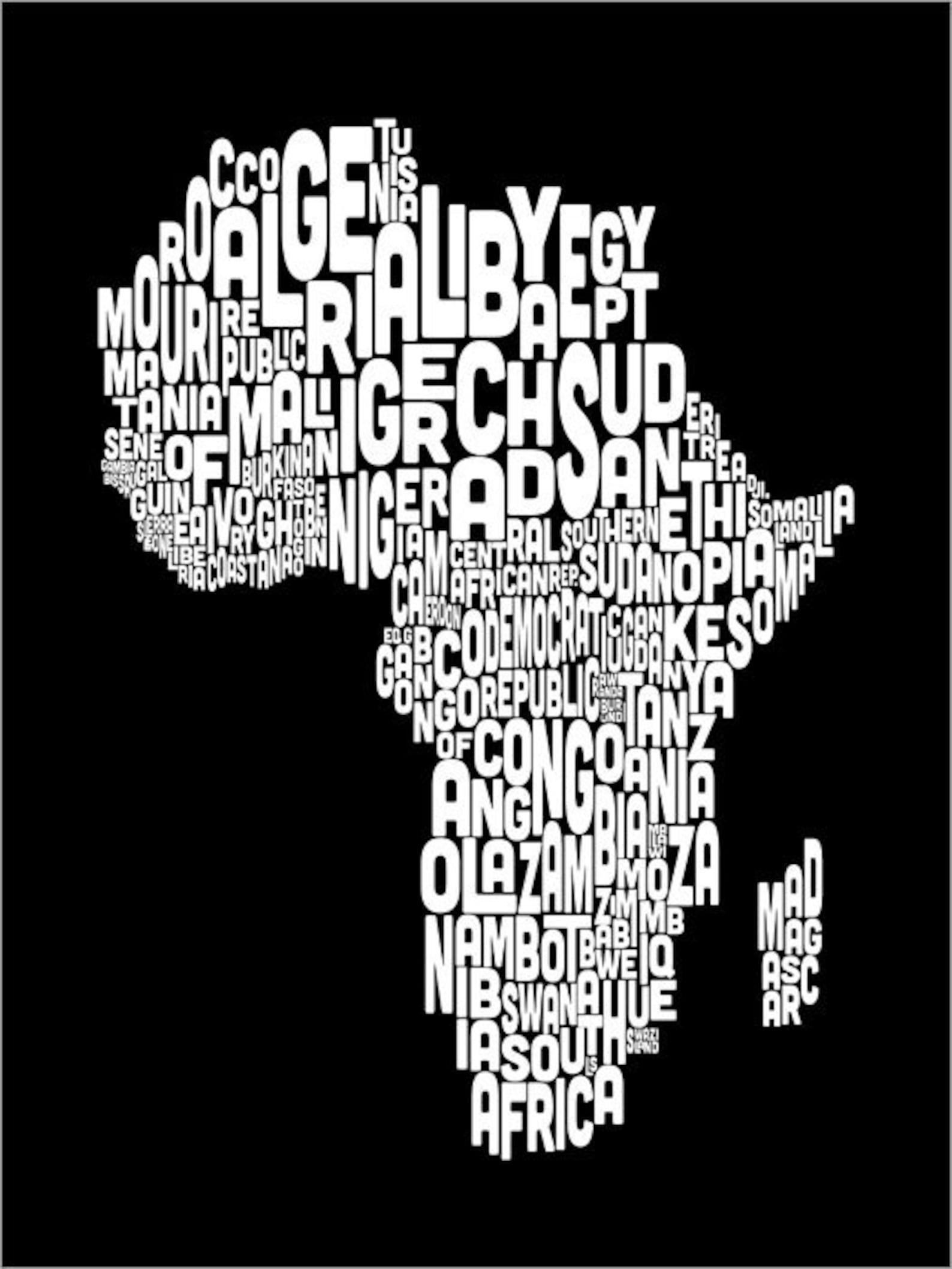Typography Map of Africa Map Text Art Print Color Options - Etsy
