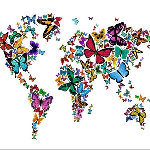 Butterflies Map of the World Map, Art Print 448 - Etsy