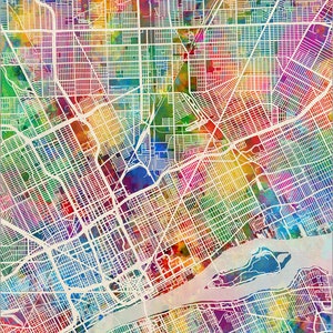 Detroit Map, Detroit Michigan Watercolor Map Painting Art Print Poster ...