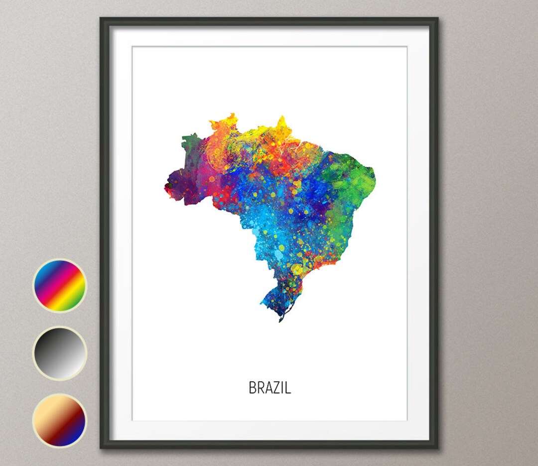 Brazil Map, Watercolour Art Print Poster, Colour, Black White, Beige ...