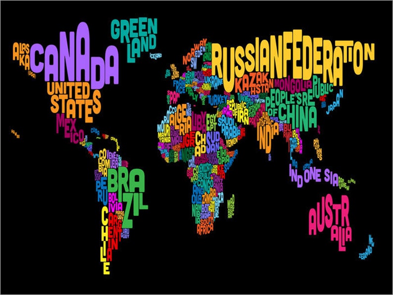 Typographic Text Map of the World Map Art Print 606 - Etsy UK