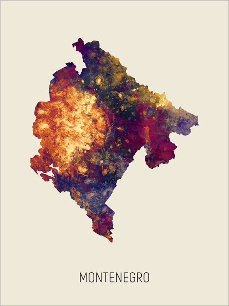 Montenegro Map Watercolour Art Print Poster Colour Black | Etsy