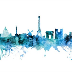 Paris Skyline France, Cityscape Art Poster Print Blue Red Green 20534 ...