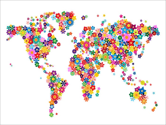 Flowers Map of the World Map Art Print 179 - Etsy