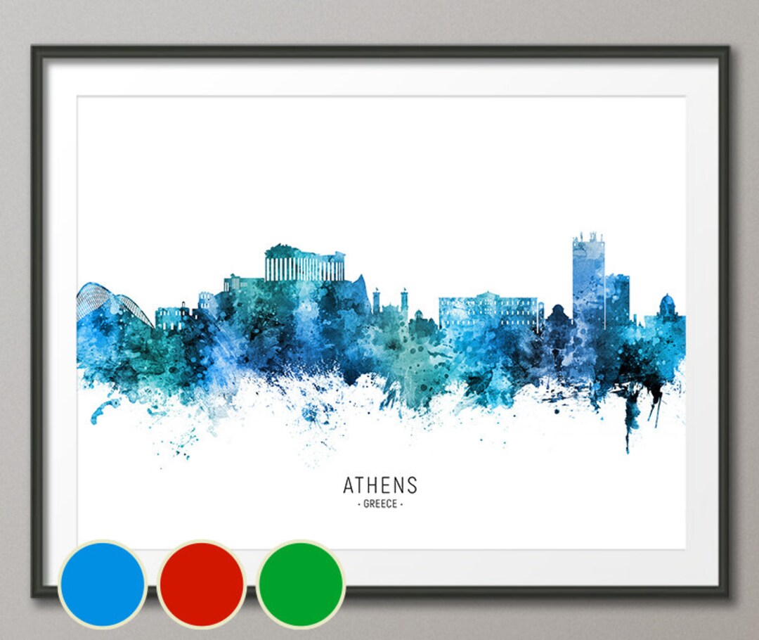 Athens Skyline Greece Cityscape Art Poster Print Blue Red - Etsy
