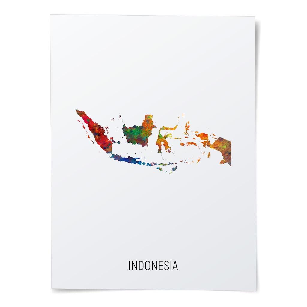 Indonesia Map, Watercolour Painting Art Print Poster, Portrait - MX ...