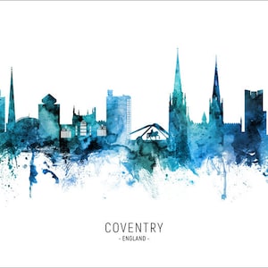 Coventry Skyline England Cityscape Art Poster Print Blue Red - Etsy