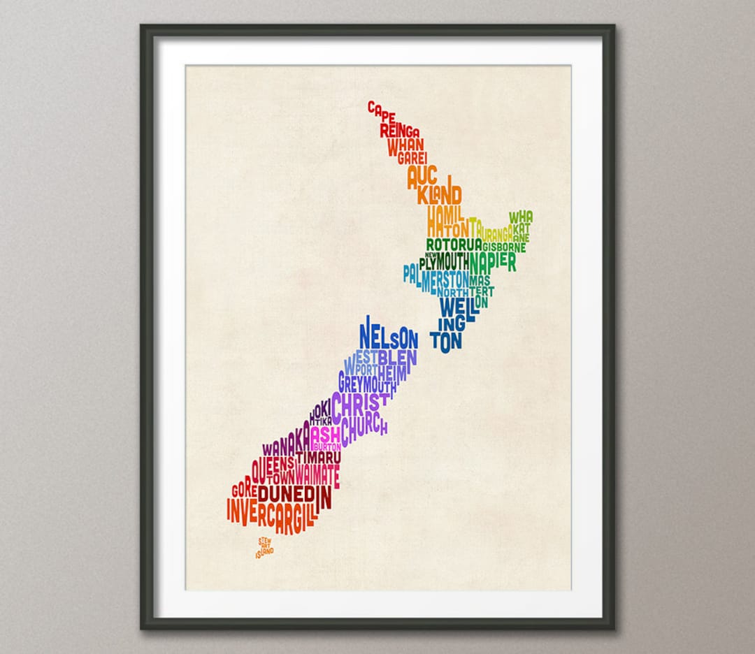 New Zealand Typography Text Map, Art Print (1480) - Etsy