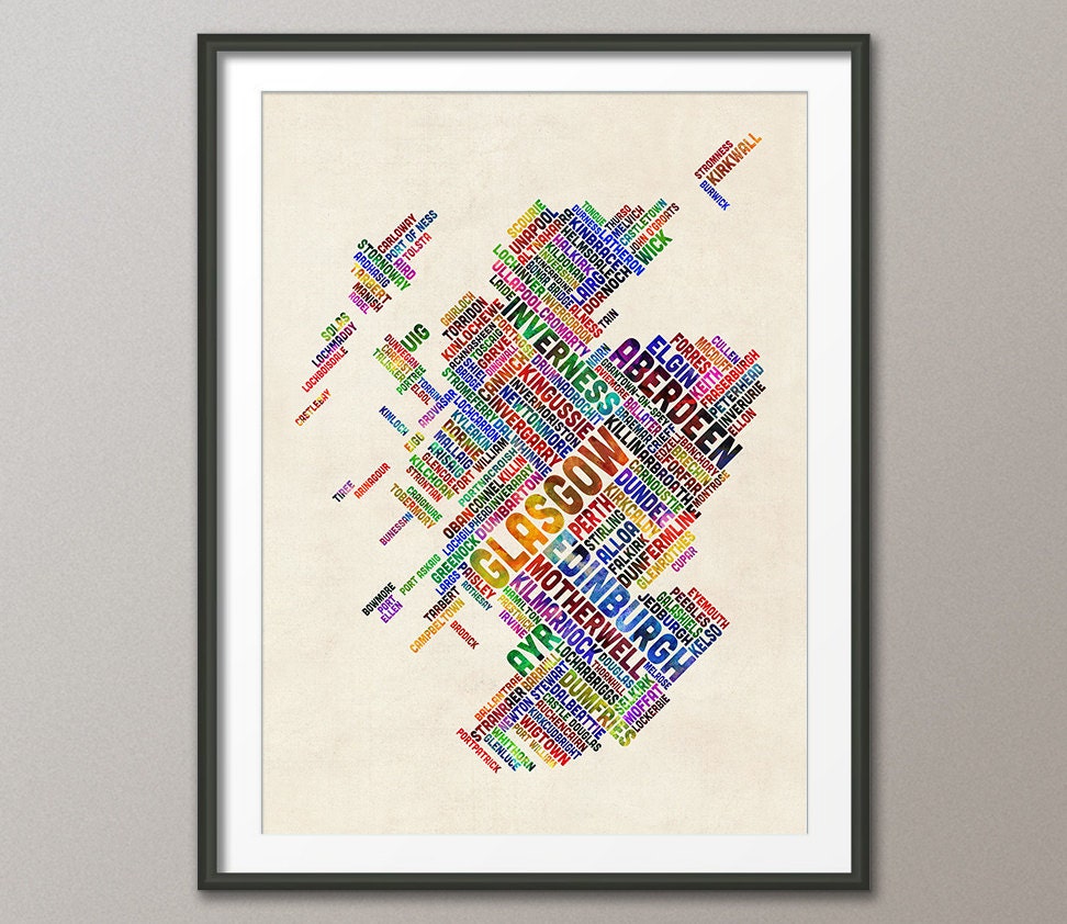 Scotland Typography Text Map Art Print 1486 | Etsy