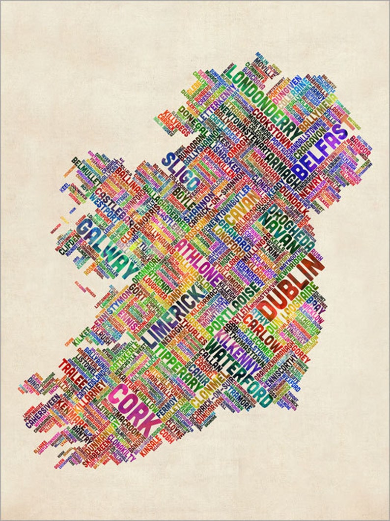 Ireland Eire City Text Map, Art Print (310) - Etsy
