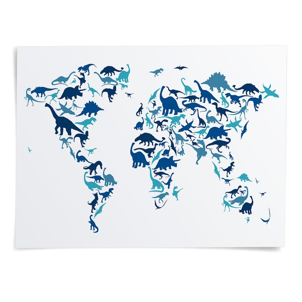 Dinosaur Map of the World, for Children and Kids, World Map Art Print ...