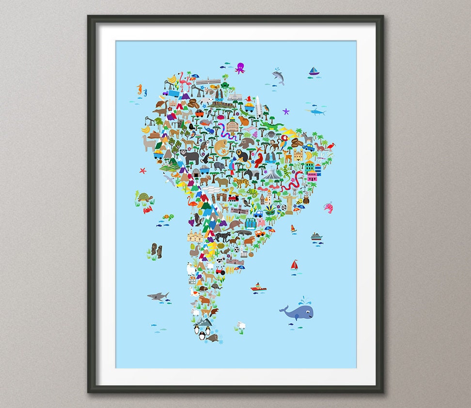 Animal Map of South America Map for Children and Kids Art | Etsy