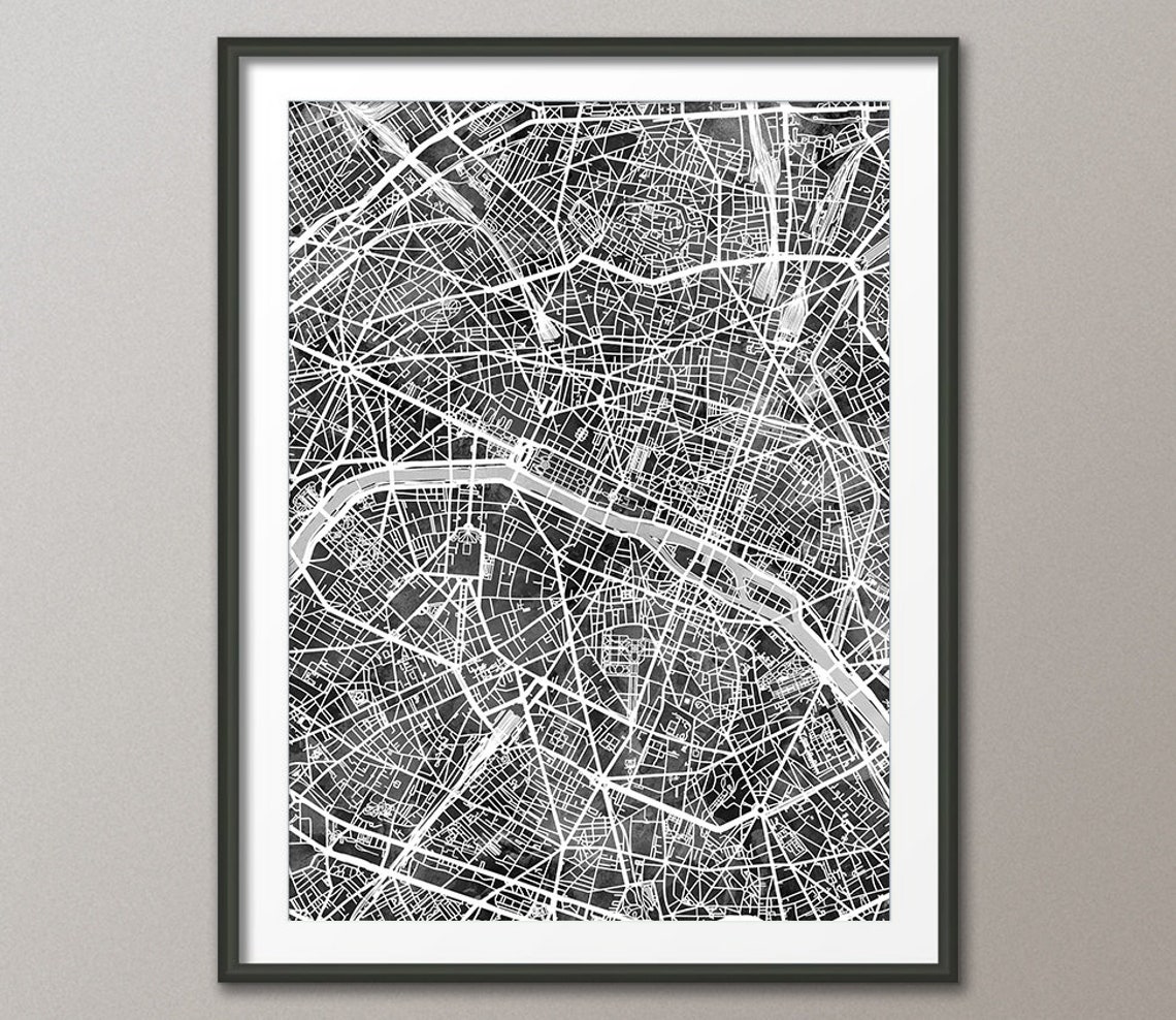 Paris Map, Paris France City Map, Watercolour Art Print Black White ...