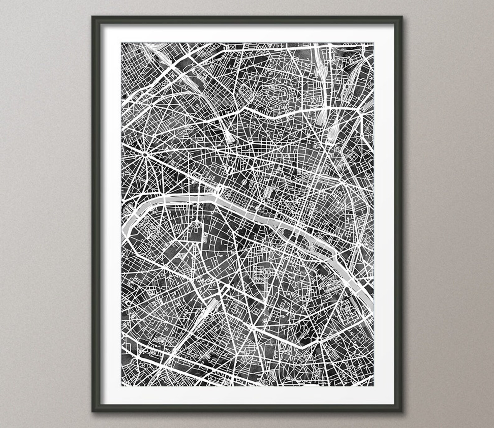 Paris Map, Paris France City Map, Watercolour Art Print Black White ...