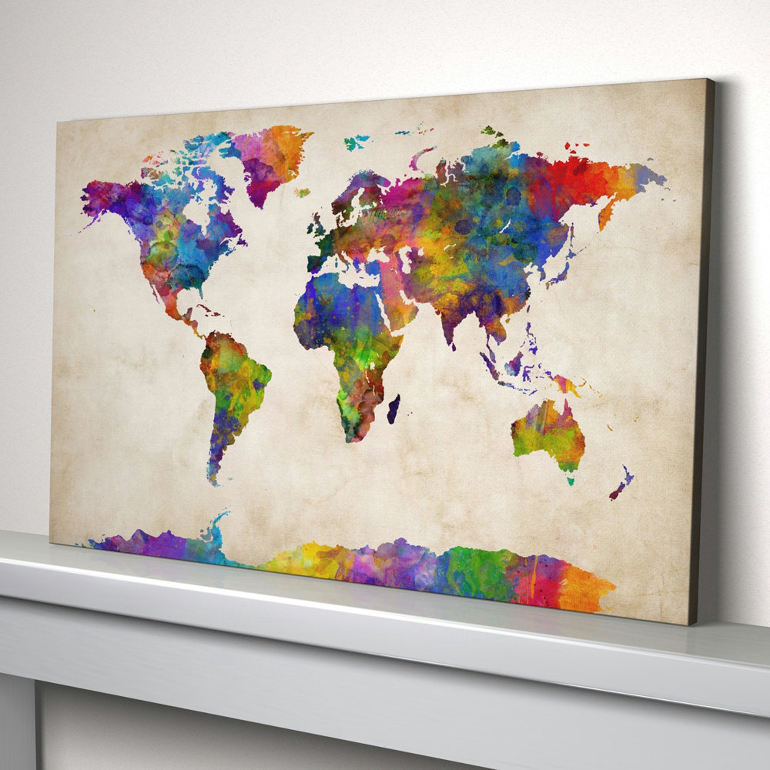 World Map Canvas, Watercolour Map of the World Box Canvas Art Print ...