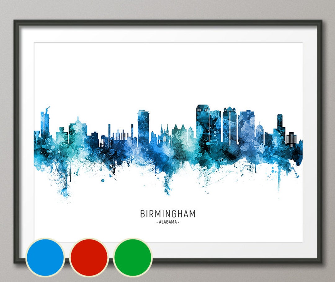 Birmingham Skyline Alabama, Cityscape Art Poster Print Blue Red Green ...