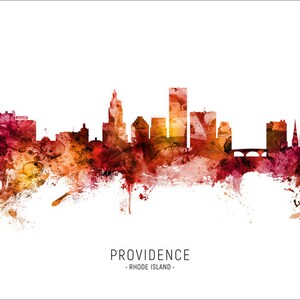 Providence Skyline Rhode Island, Cityscape Art Poster Print Blue Red ...