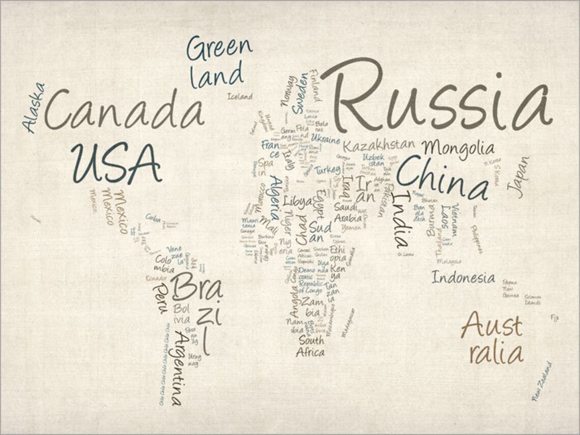 Writing Text Map of the World Map Art Print 362 | Etsy