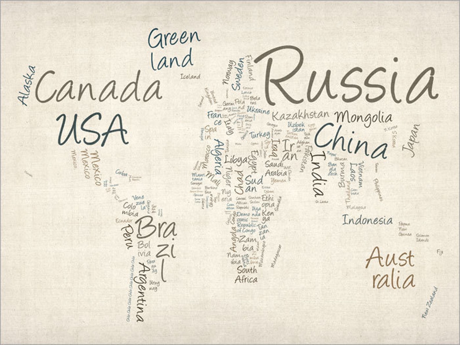 Writing Text Map of the World Map Art Print 362 | Etsy