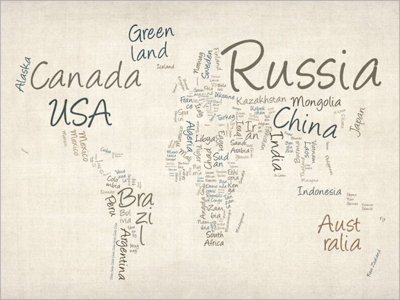 Writing Text Map of the World Map Art Print 362 | Etsy