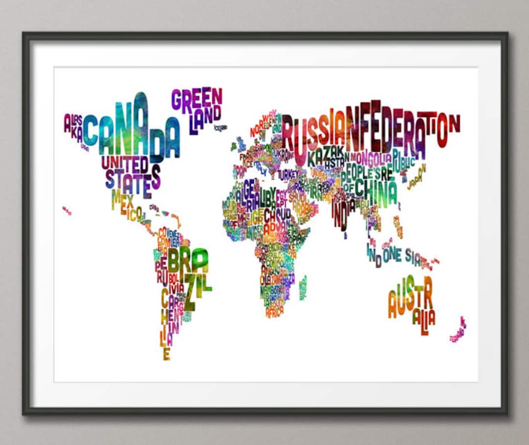 Typographic Text Map of the World Map, Art Print 175 - Etsy