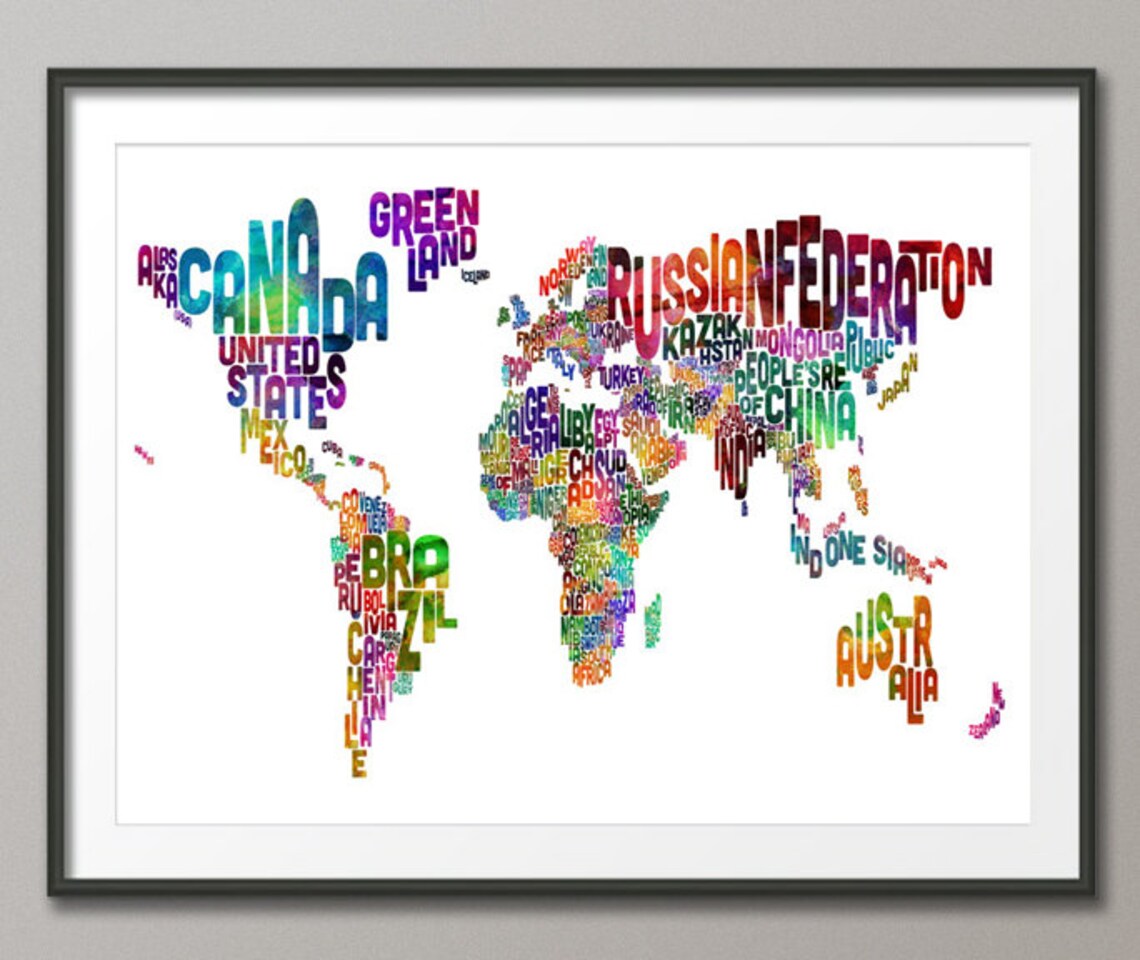 Typographic Text Map of the World Map Art Print 175 - Etsy UK