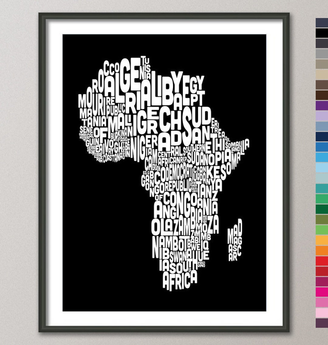 Typography Map of Africa Map, Text Art Print - Color Options (774) - Etsy