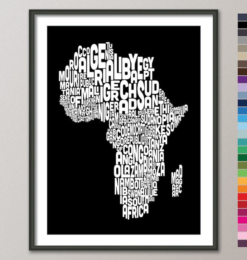 Typography Map of Africa Map Text Art Print Color Options - Etsy