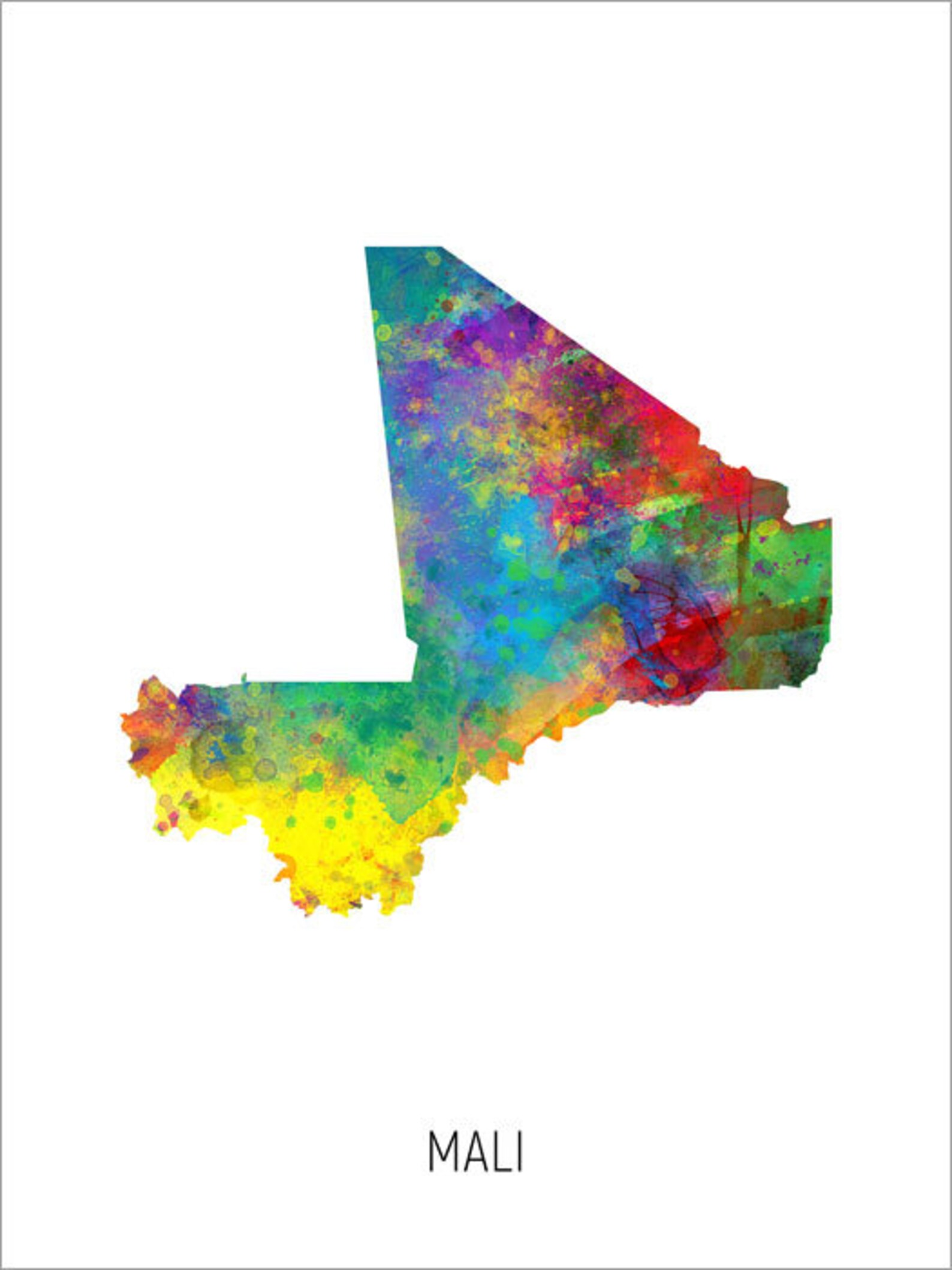 Mali Map Watercolour Art Print Poster Colour Black White - Etsy