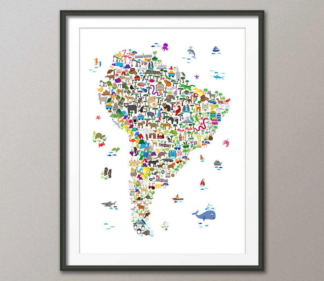 Animal Map of South America Map for Children and Kids Art - Etsy