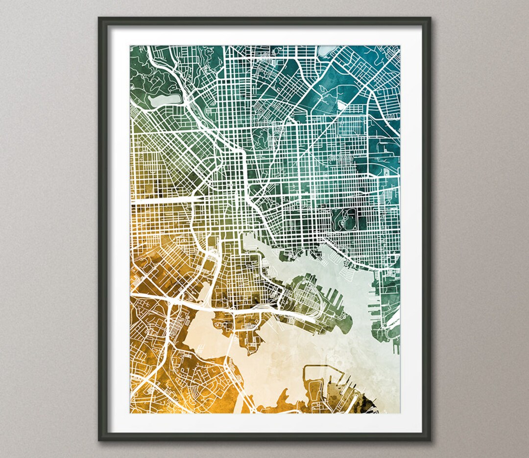 Baltimore Map, Maryland City Map, Watercolour Art Print Poster (21472 ...