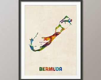 Bermuda Map - Island Map of Bermuda - Art Print Watercolor Illustration ...