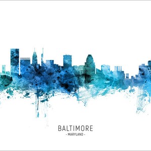 Baltimore Skyline Maryland, Cityscape Art Poster Print Blue Red Green ...