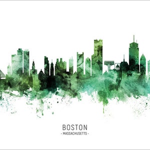 Boston Skyline Massachusetts, Cityscape Art Poster Print Blue Red Green ...