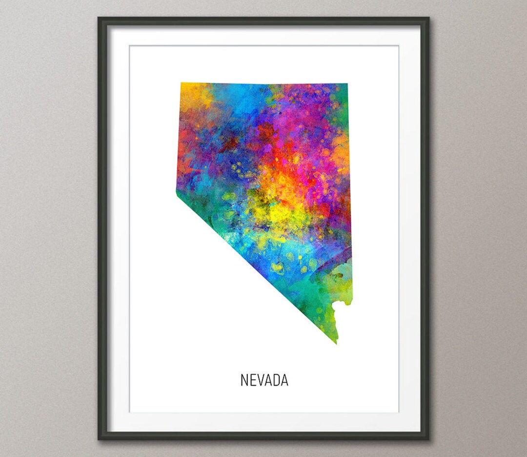 Nevada Map, Watercolour Art Print Poster, Colour, Black White, Beige ...